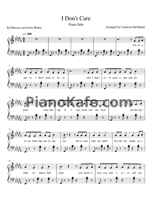 Ноты Ed Sheeran, Justin Bieber - I don't care (Arranged by Cameron ...