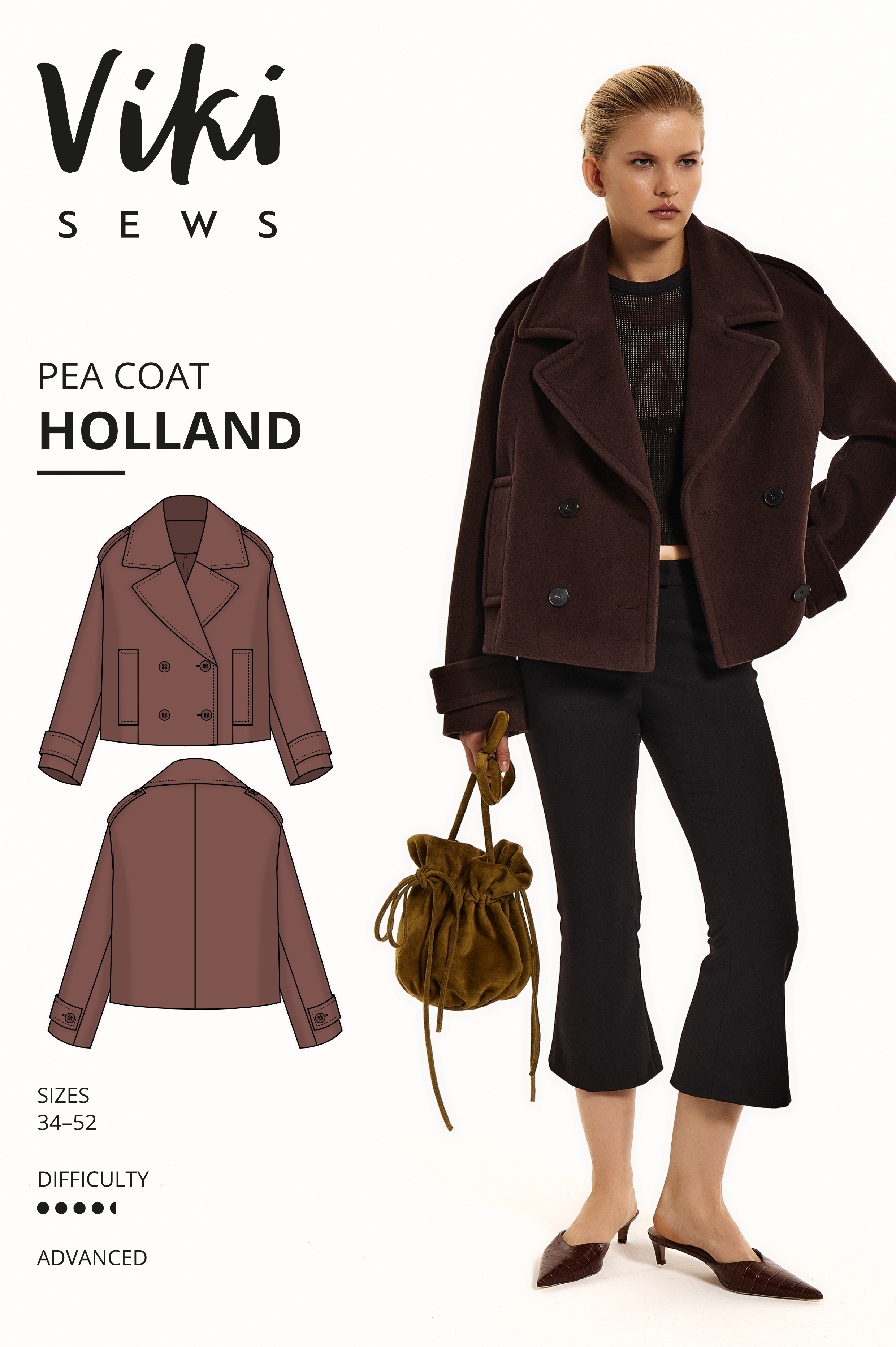 Holland pea coat digital pattern pdf sewing pattern with tutorial size